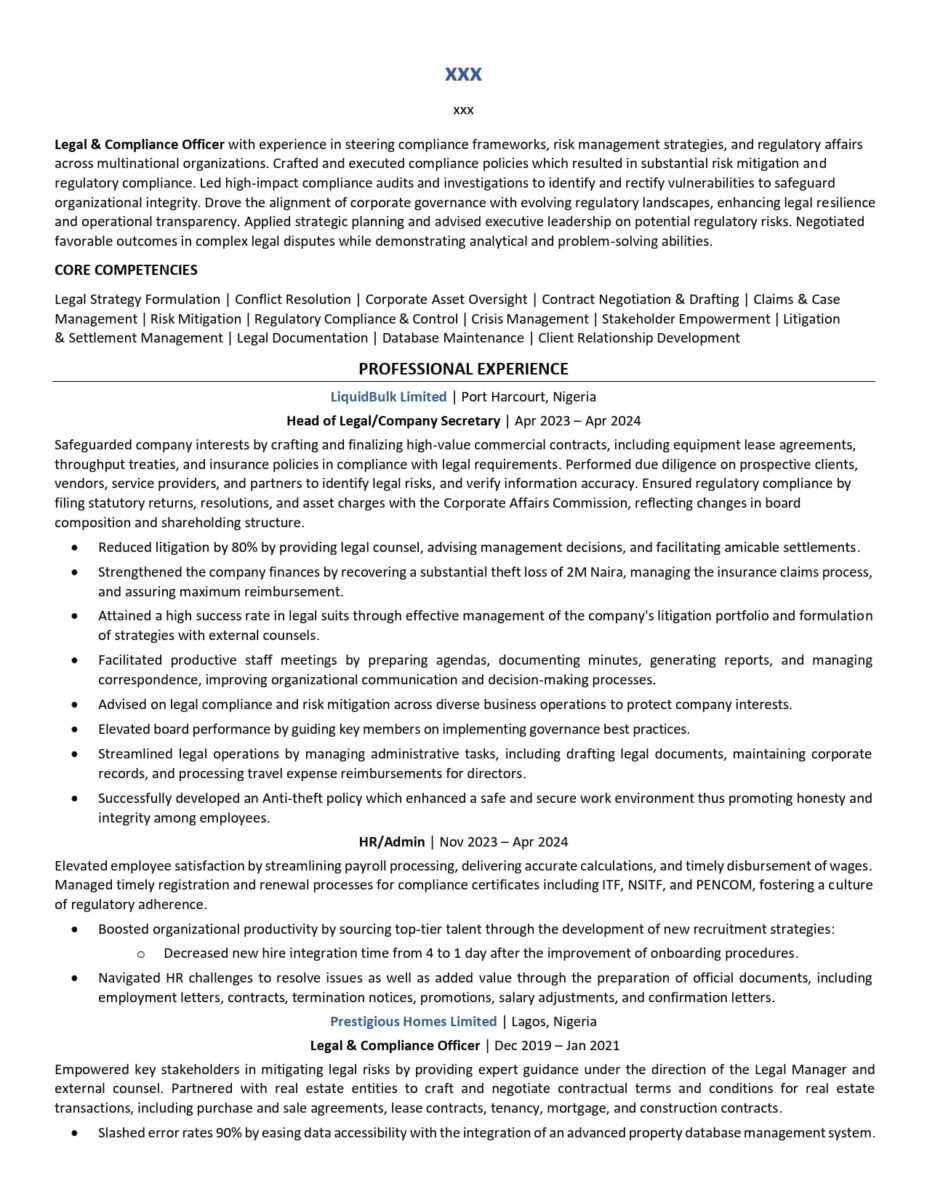 Legal & Compliance Officer Resume Example - Resume Thrive